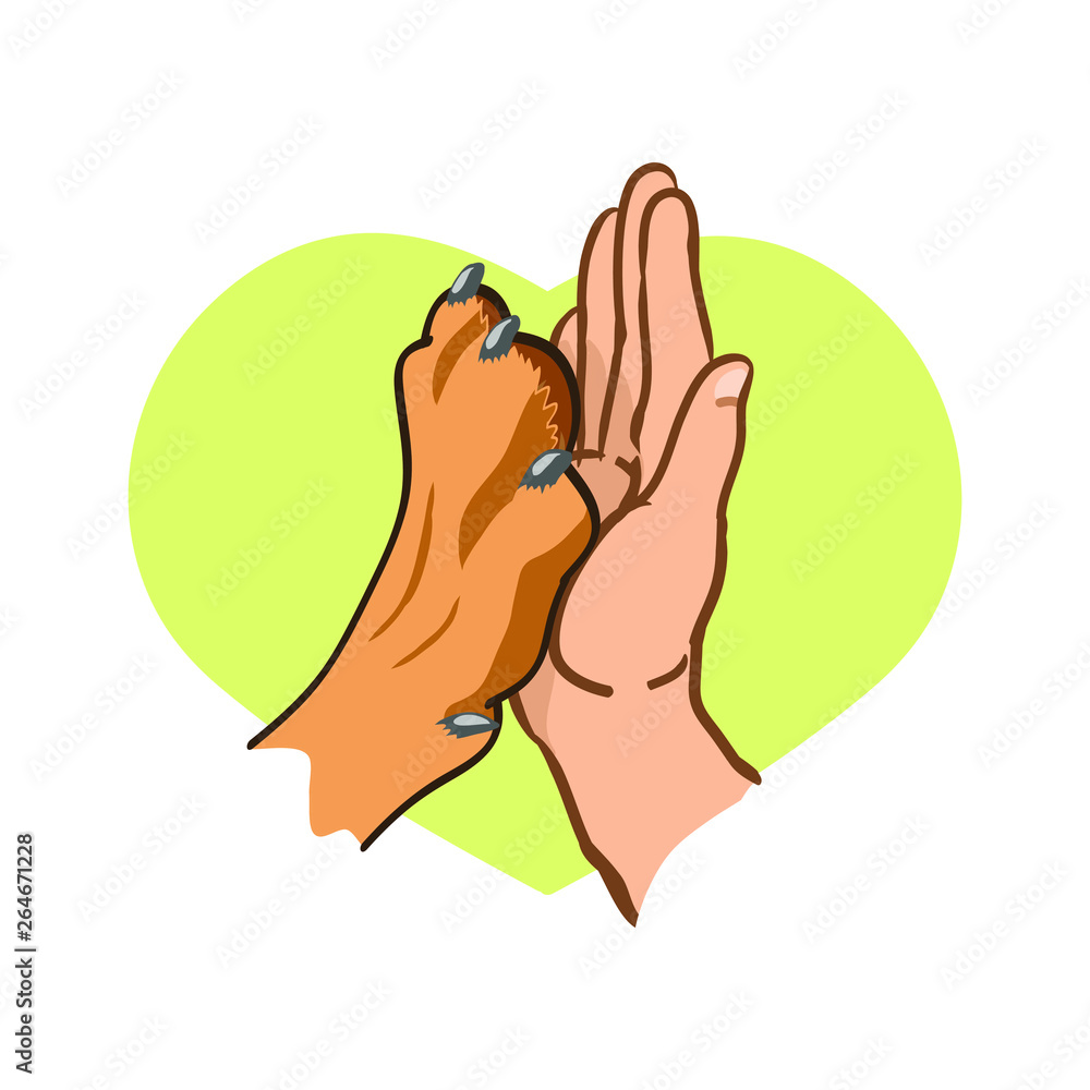 Dog paw and human hand, logo On the background of hearts. Vector ...