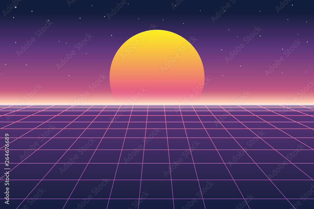 Vector illustration of sun and digital landscape in retro futuristic ...