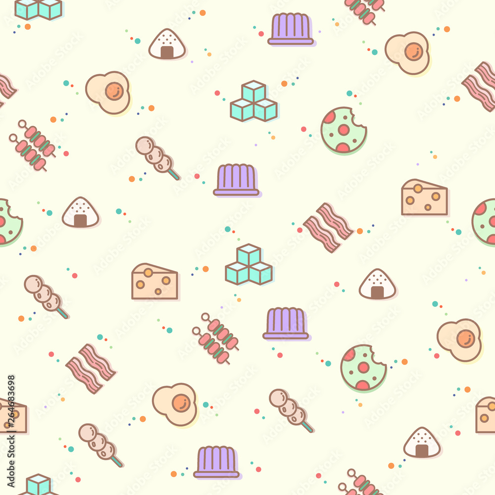 colorful food seamless pattern. Collection Of cookies, cube sugar, lump ...