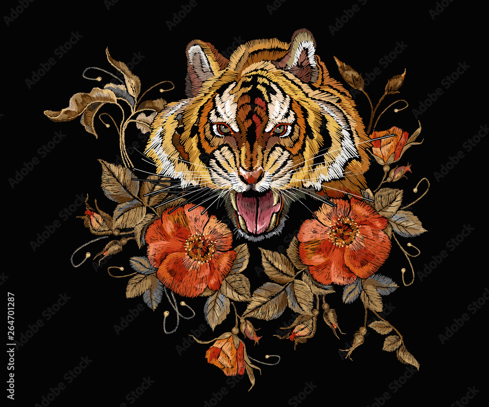 Embroidery tiger head and beautiful roses flowers. Fashionable template ...