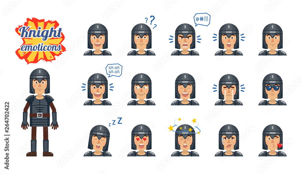 Set of medieval black knight emoticons. Knight emojis showing different ...