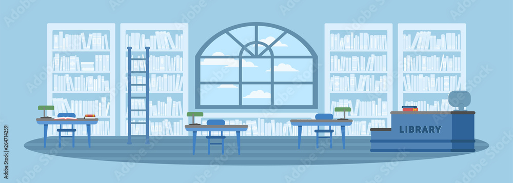 Library interior flat vector illustration Stock Vector | Adobe Stock