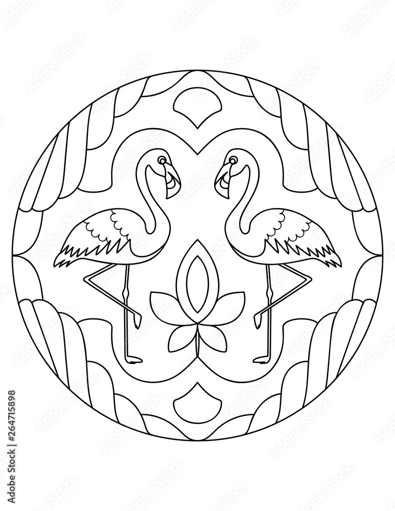 Mandala with an animal. Flamingo in a circular frame. Coloring page for ...