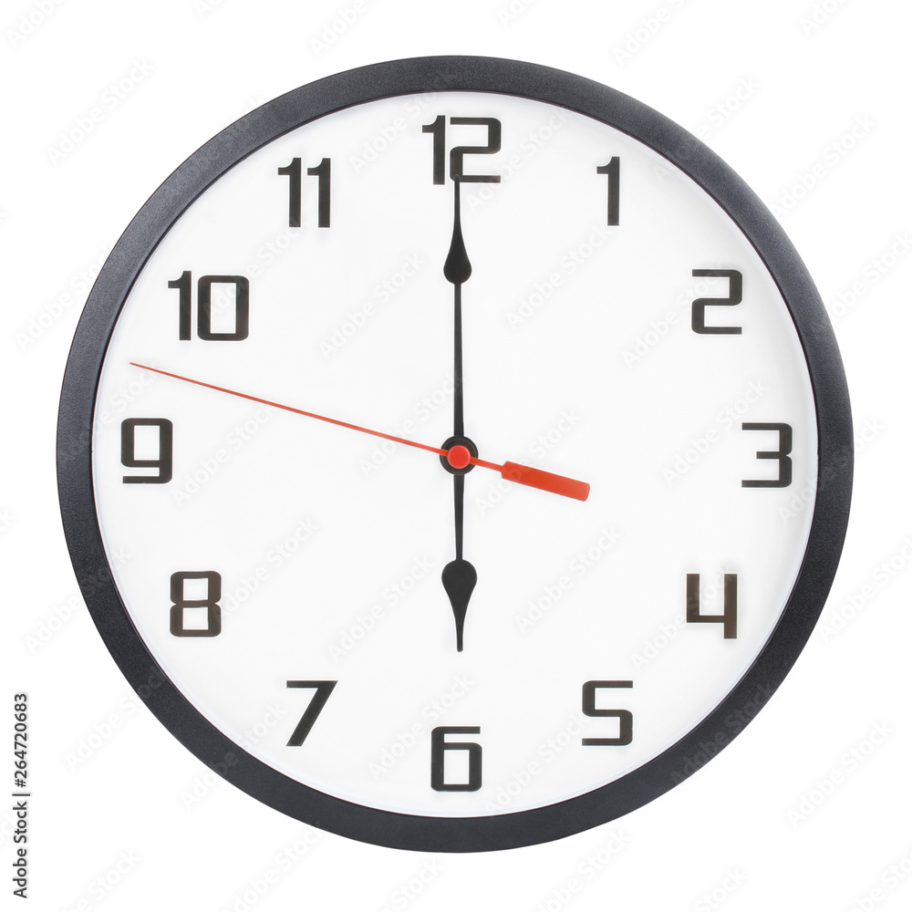Wall clock isolated on white background. 6 p.m. or 6 a.m. Stock Photo ...