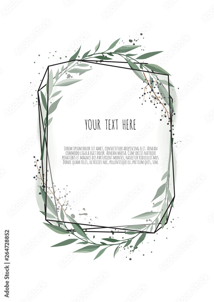 floral botanical card design with leaves with golden geometrical frame ...