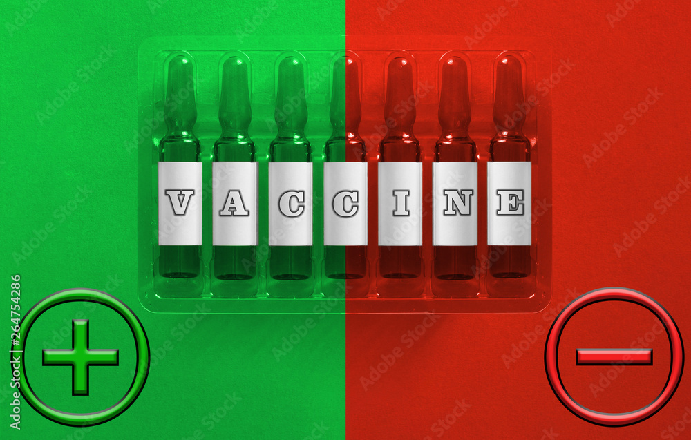 Vaccine using concept. Seven ampules with overlay letters of ...