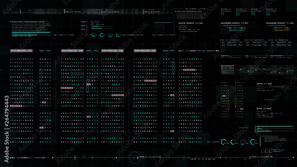 Futuristic source code digital data telemetry motion graphic display screen with user interface ...
