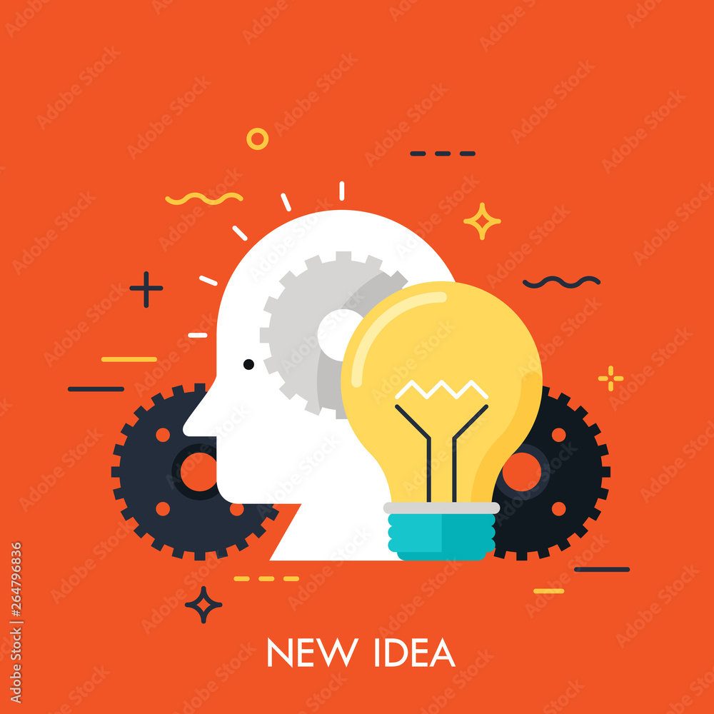Icon with flat design element of bright idea in human head, success ...