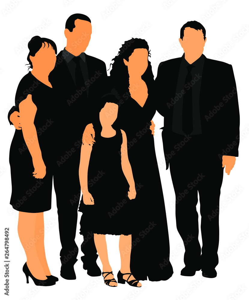 Sad family on cemetery or graveyard mourning deceased relative ...