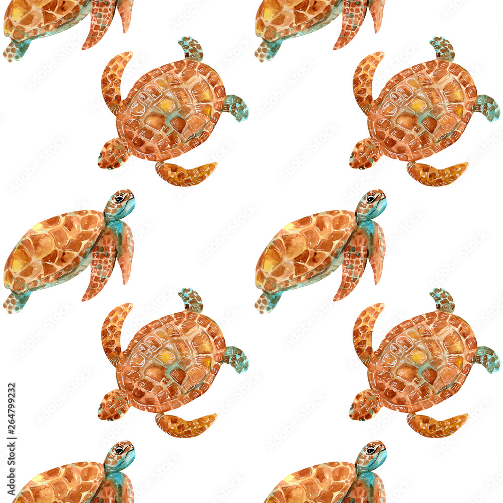 Watercolor seamless pattern on white background with sea turtles. Hand ...