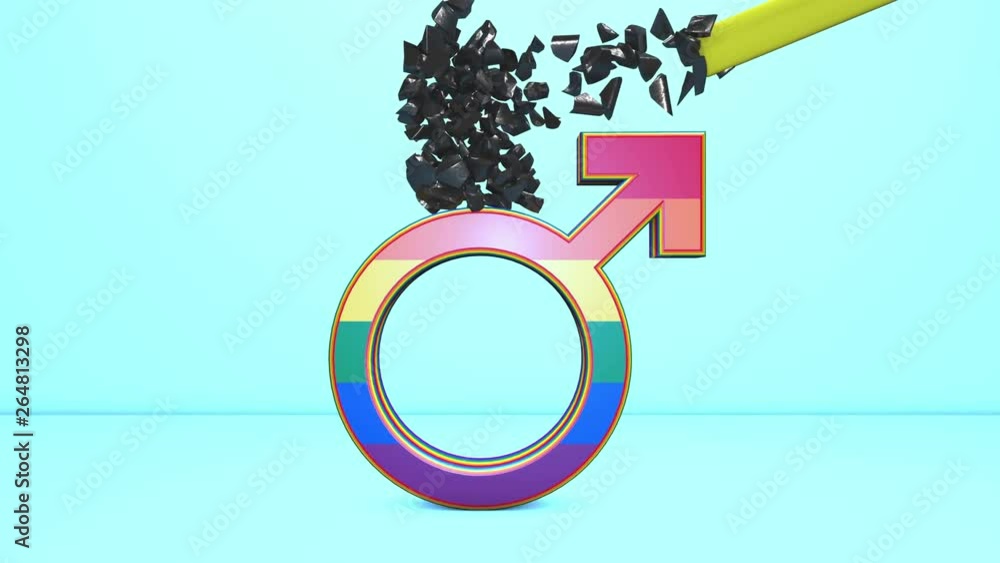 3d animation of hitting man with lgbt symbol by hammer. Hammer breaking ...