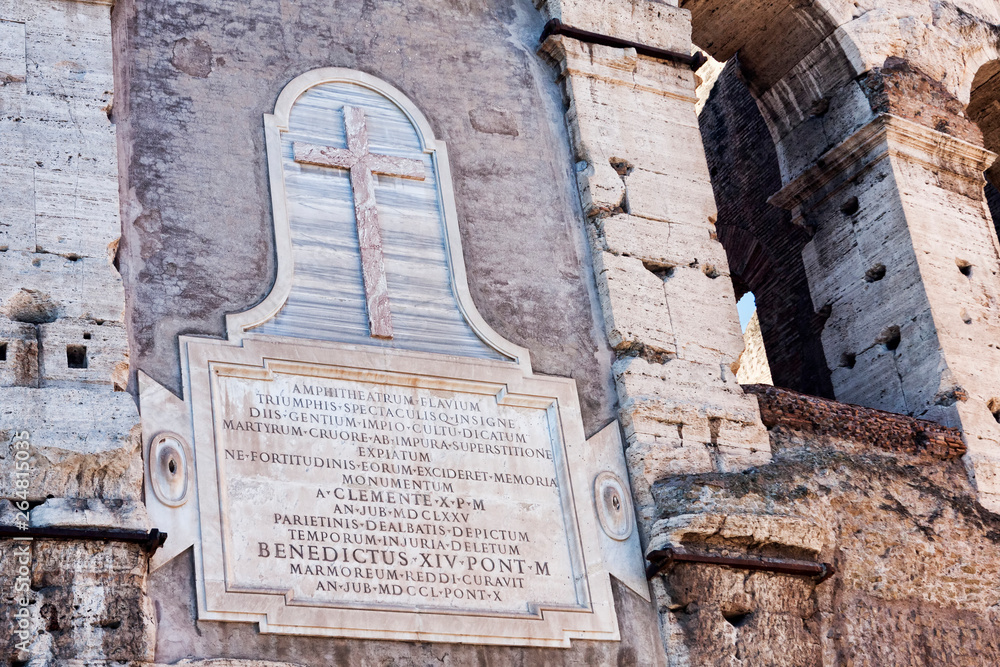Detail of the Colosseum in Rome with the famous inscription by Pope ...