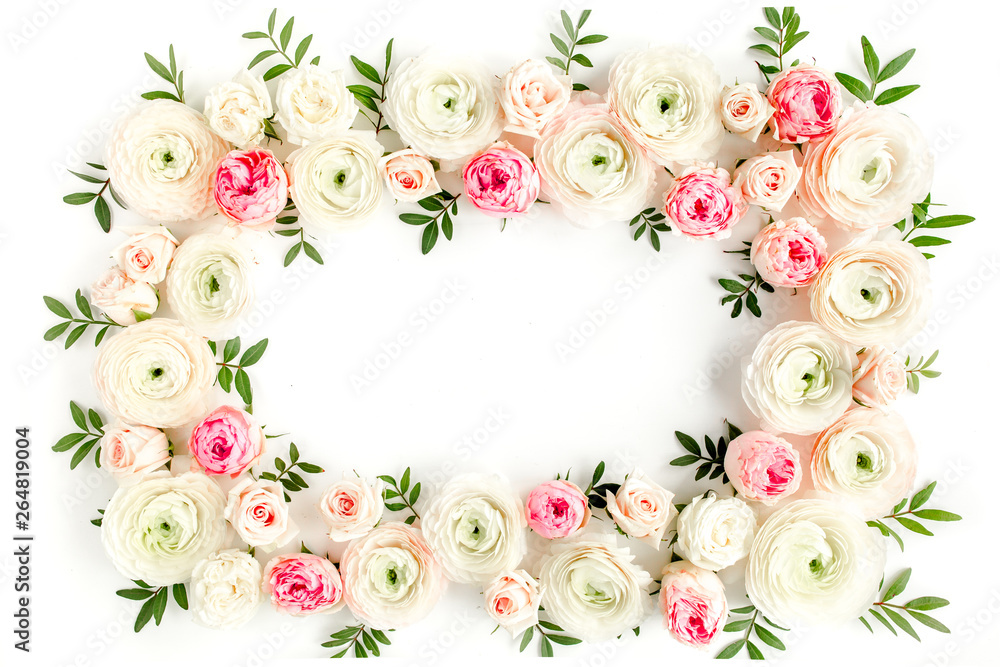 Floral pattern frame made of pink ranunculus and roses flower buds on ...