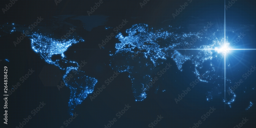 power of japan, energy beam on tokyo. dark map with illuminated cities ...