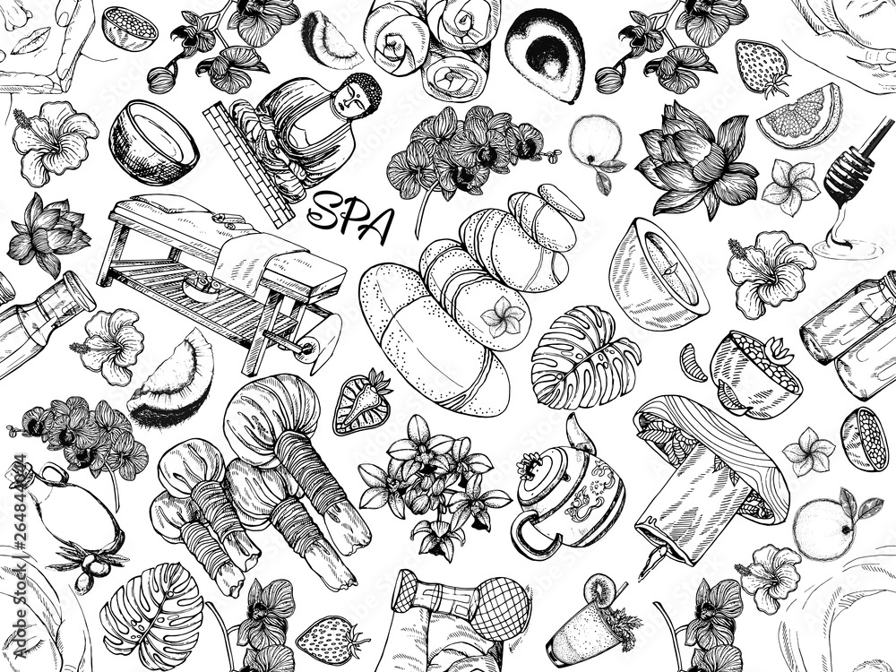 Seamless pattern of hand drawn sketch style day spa themed objects ...