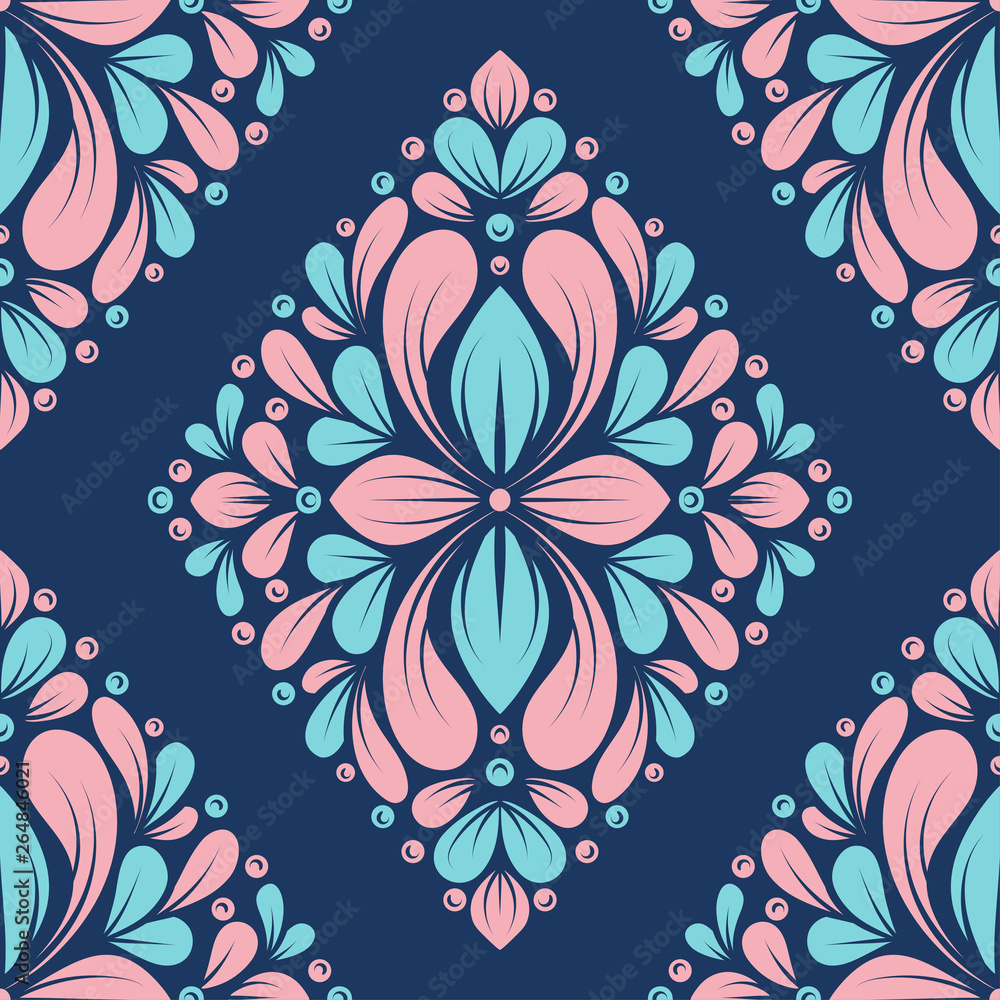 Pink and blue floral seamless pattern. Vintage vector, luxury elements ...