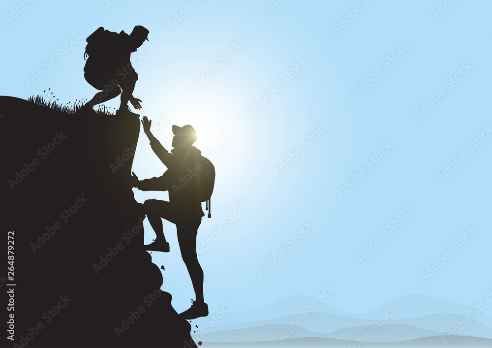 Silhouette of two people hiking climbing mountain and helping each ...
