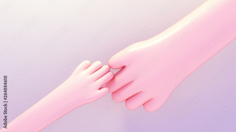 Cartoon big hand holding small hand. 3d rendering picture. Stock ...
