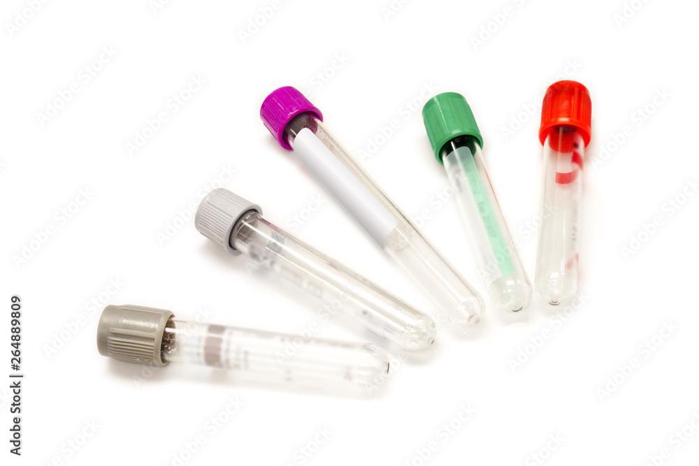 Top view of colorful blood tubes for keep and safe blood collection to ...