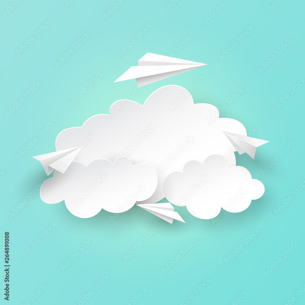Paper airplanes flying on clouds and sky background.Paper art of ...