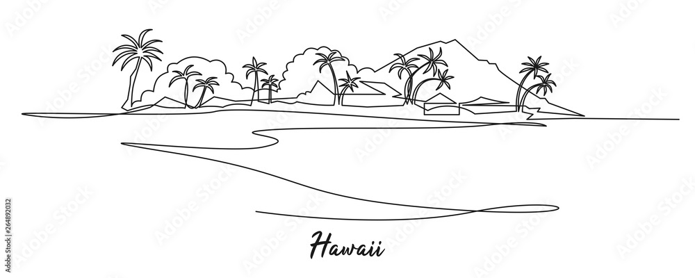 Hawaii landscape continuous one line drawing. Mountains, palms, seaside ...