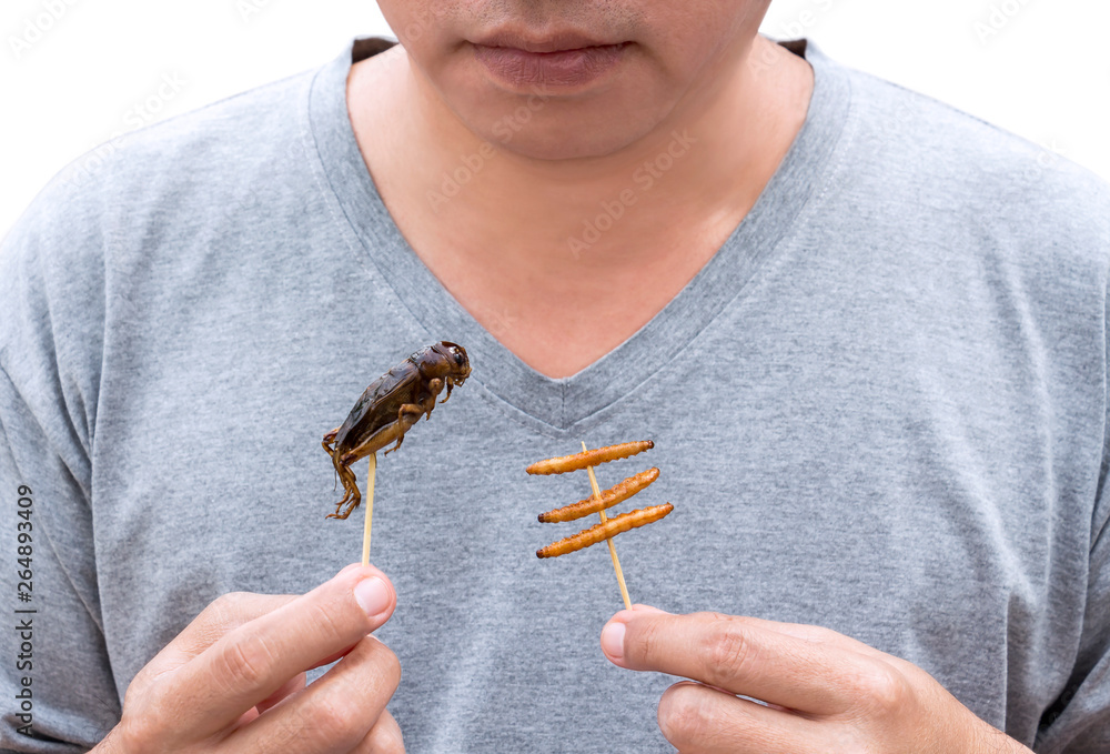 Food Insects: Man eating Bamboo Worms and Crickets insect deep-fried ...