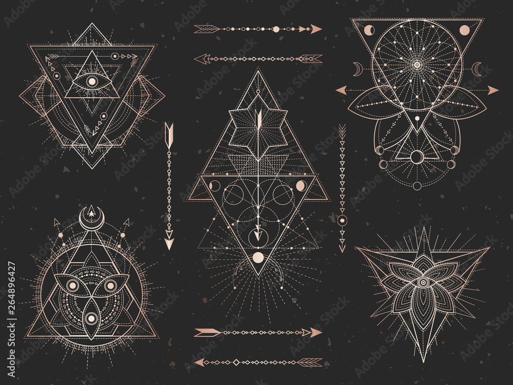 Vector set of Sacred triangle symbols and mystic figures on black ...