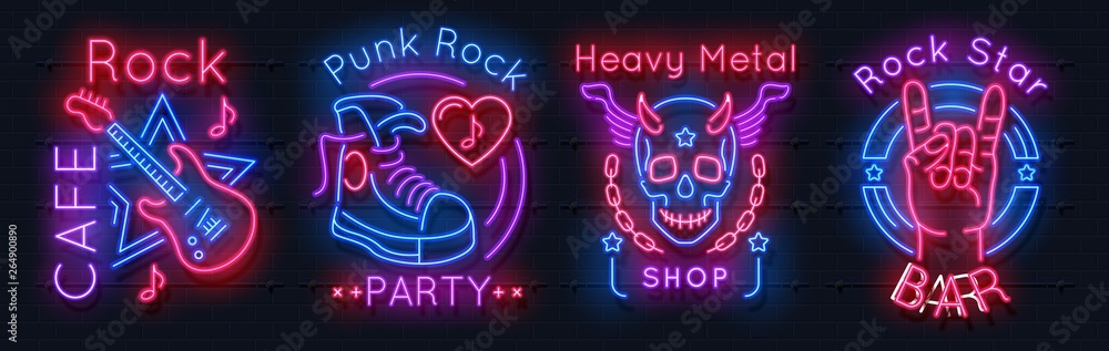 Rock music neon sign. Metal band vintage poster, night party retro ...