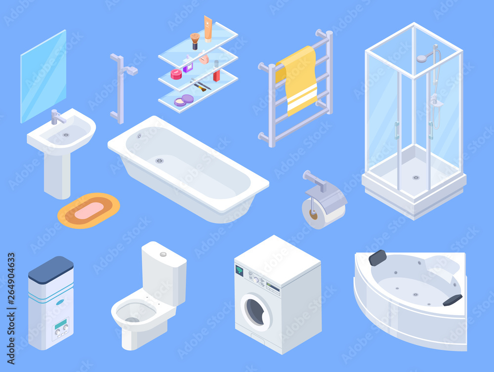 Bathroom isometric. Bathrooms interior isometrics elements, toilet ...