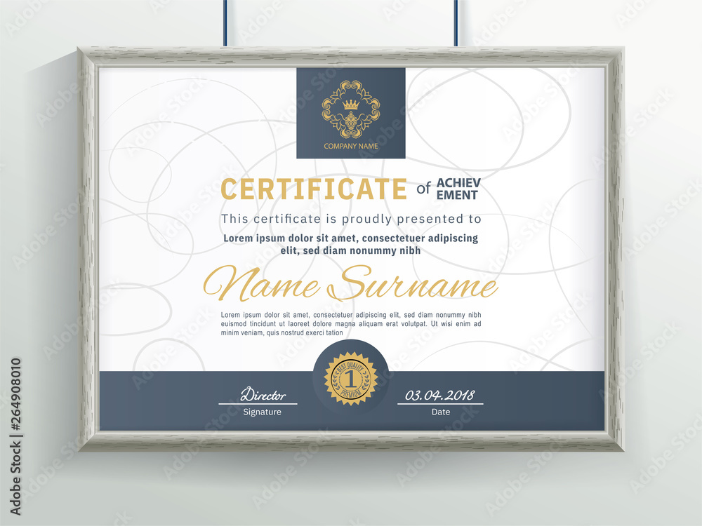 Official grey vector certificate with dark blue beige design elements ...