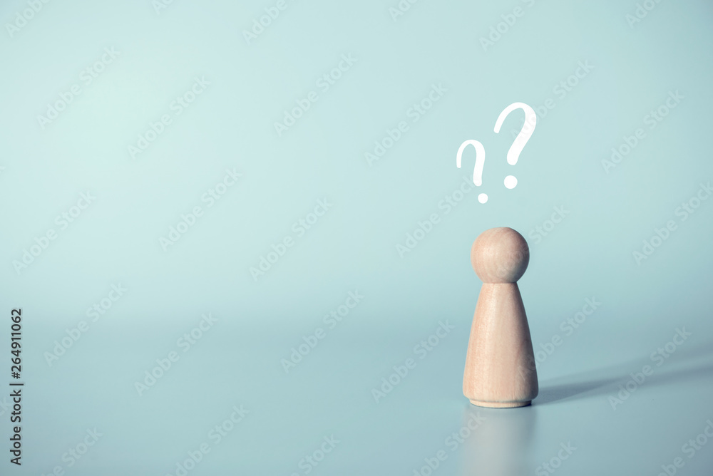 Human with a question mark icon on blue background, copy space. Stock ...
