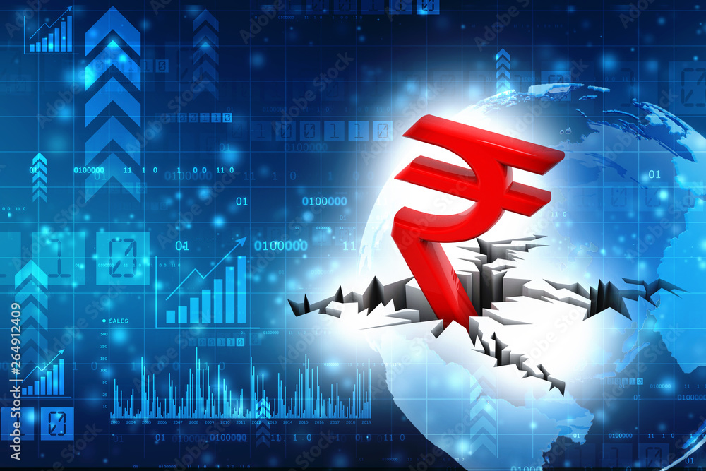 Indian Rupee crisis concept, Red Indian Rupee Symbol Down to Ground. 3D ...