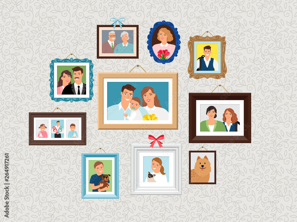 Family frames set. People portrait pictures, faces photoportraits on ...