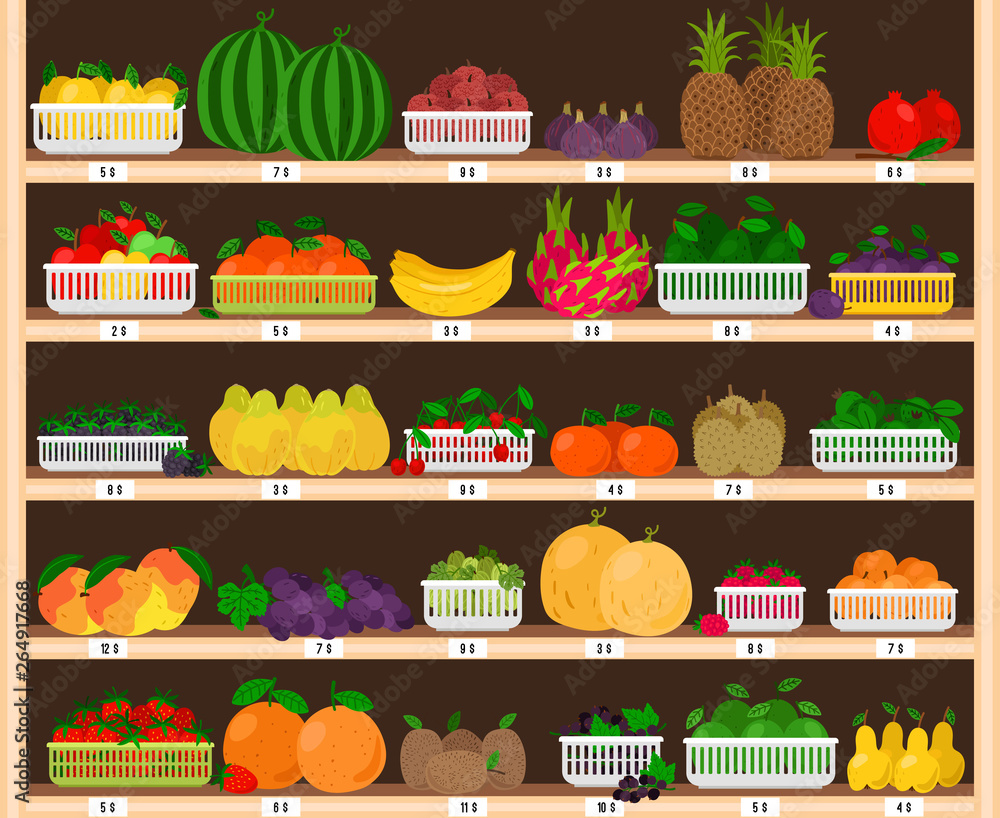 Fruits supermarket shelves. Food farm store interior with fruit ...