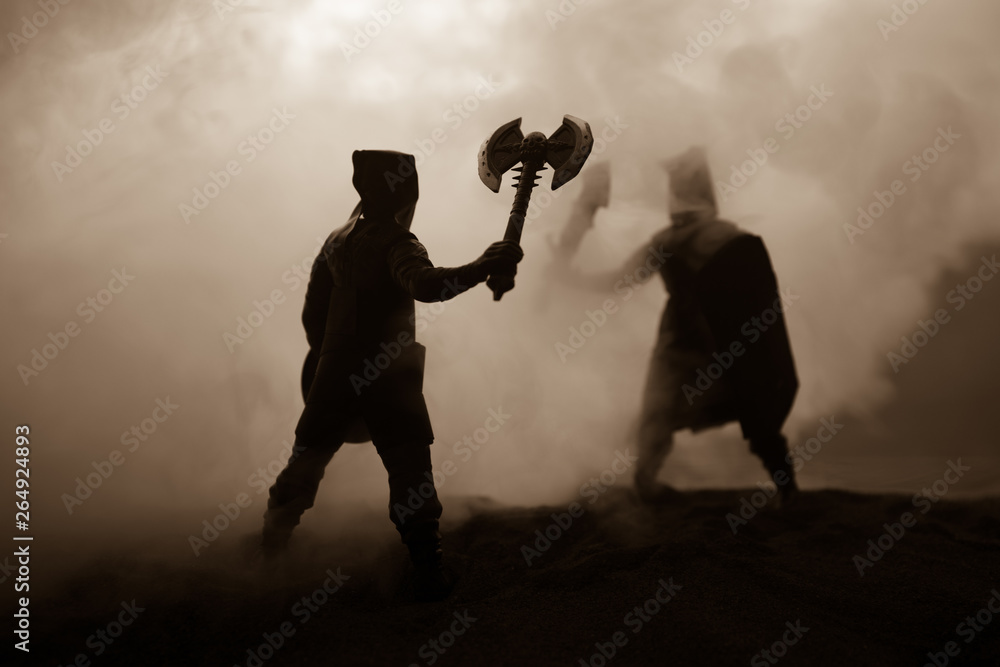 Medieval battle scene with cavalry and infantry. Silhouettes of figures ...