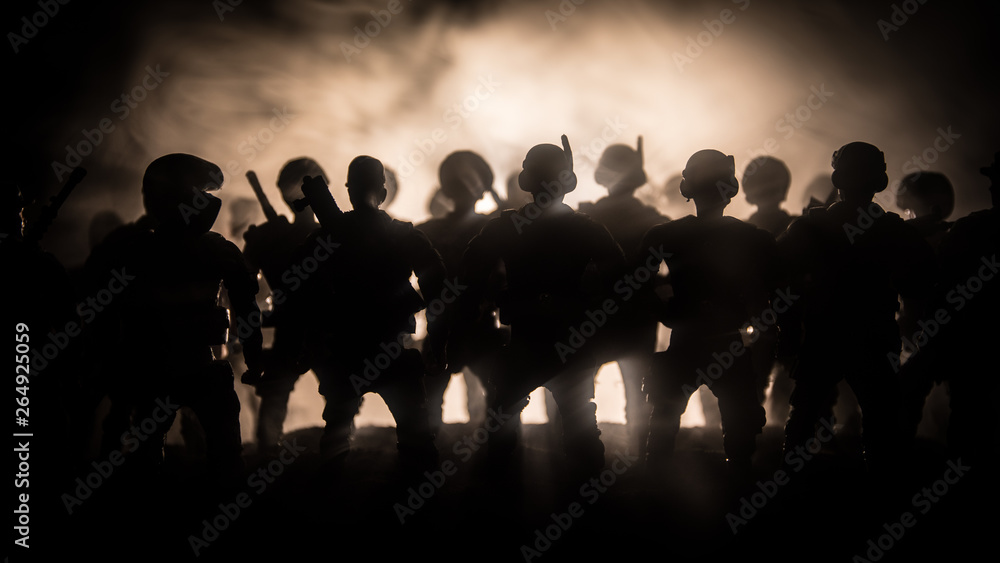 Anti-riot police give signal to be ready. Government power concept ...