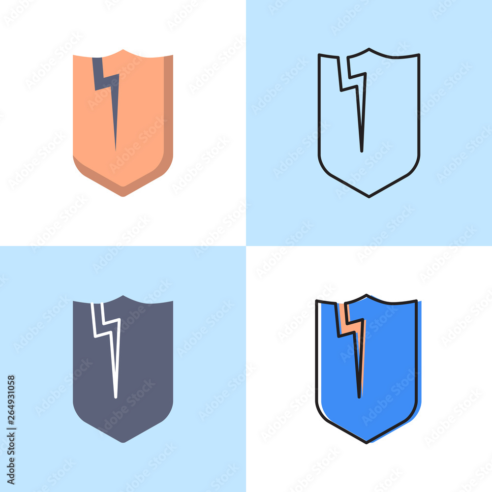 Broken shield icon set in flat and line styles Stock Vector | Adobe Stock