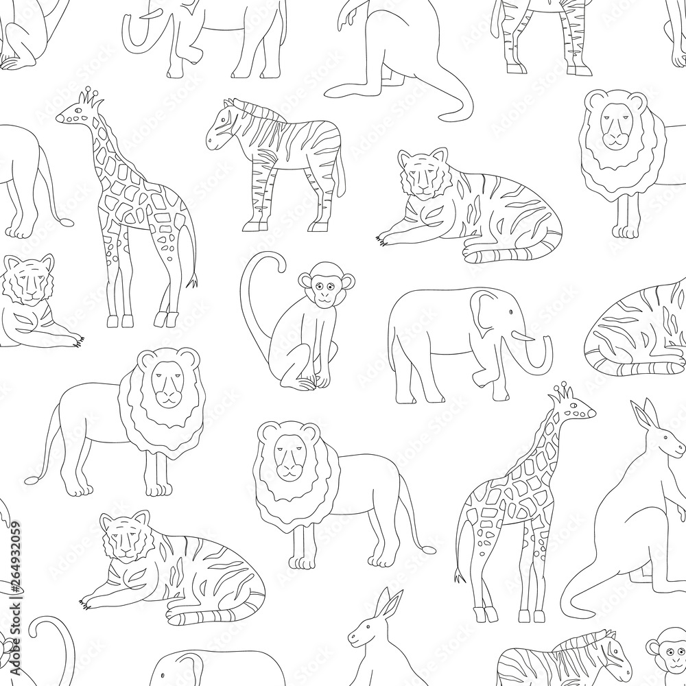 Vector seamless pattern of zoo animals isolated on white background ...
