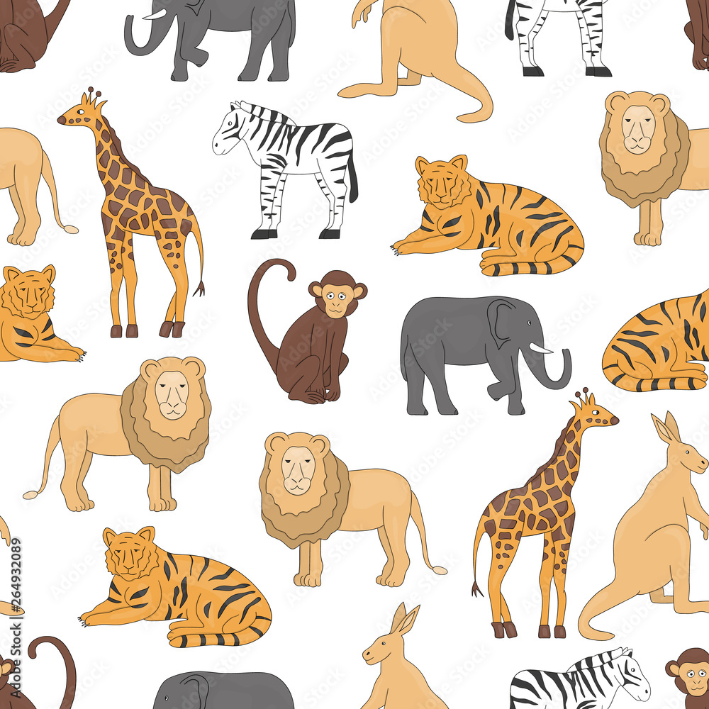 Vector seamless pattern of zoo animals isolated on white background ...