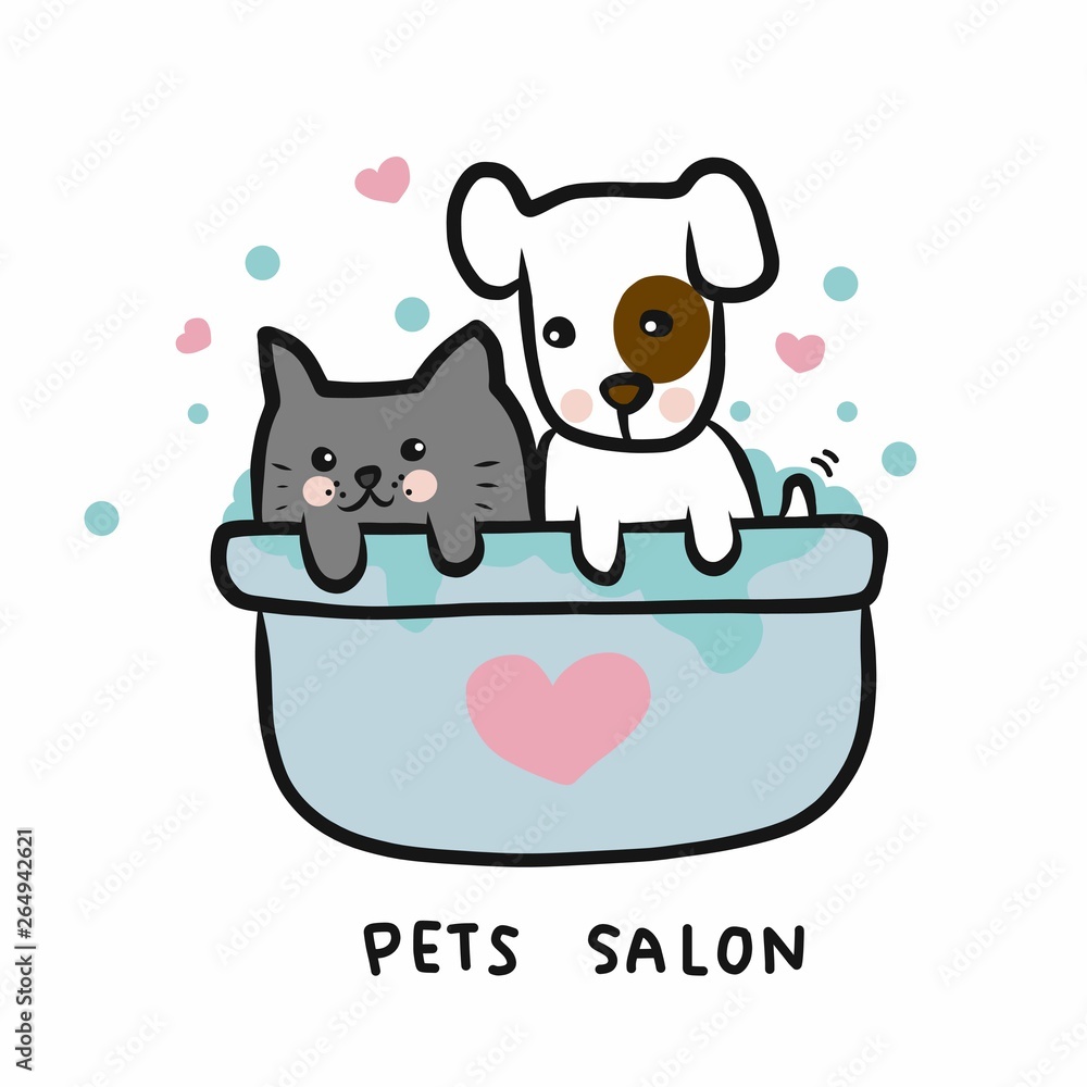 Dog and cat in shower bathtub , pets salon cartoon vector illustration ...