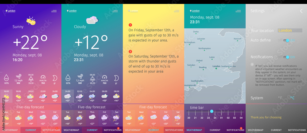 weather app screens line art modern design trendy style collection ...