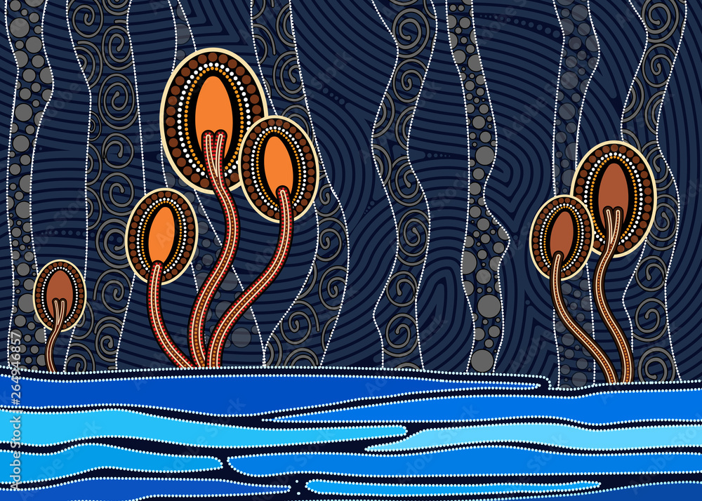 Tree on the hill, Aboriginal tree, Aboriginal art vector painting with ...