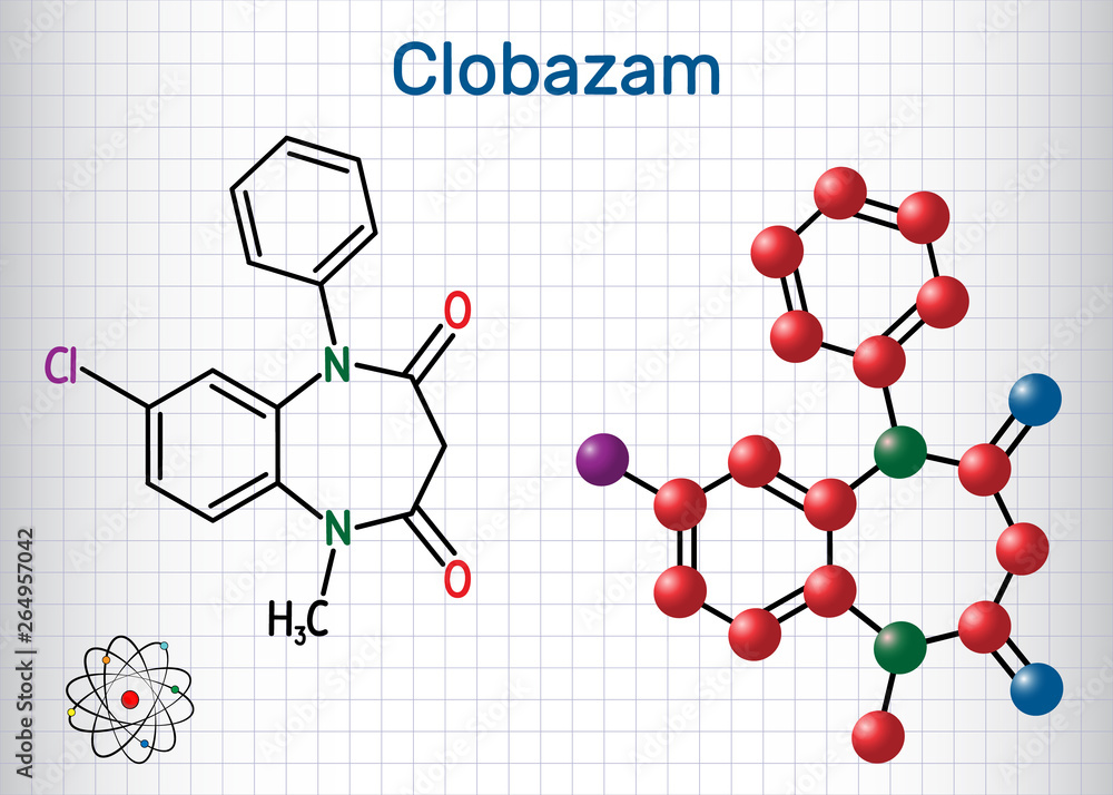 Clobazam molecule. Structural chemical formula and molecule model ...