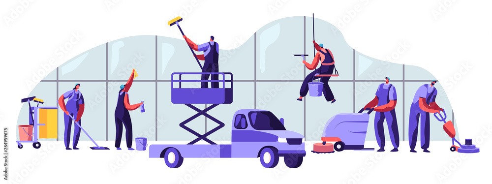 Male and Female Characters in Uniform with Equipment Cleaning Room with ...