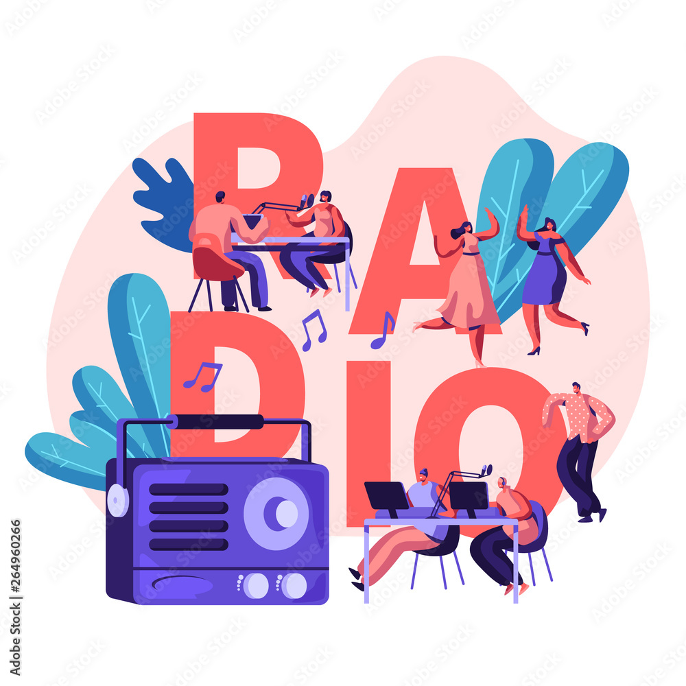 People and Radio Concept. Male and Female Characters Listen Music and ...