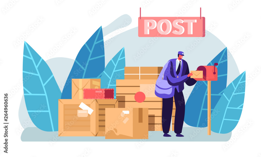 Postman Wearing Uniform and Cap with Bag on Shoulder Putting Letter in ...