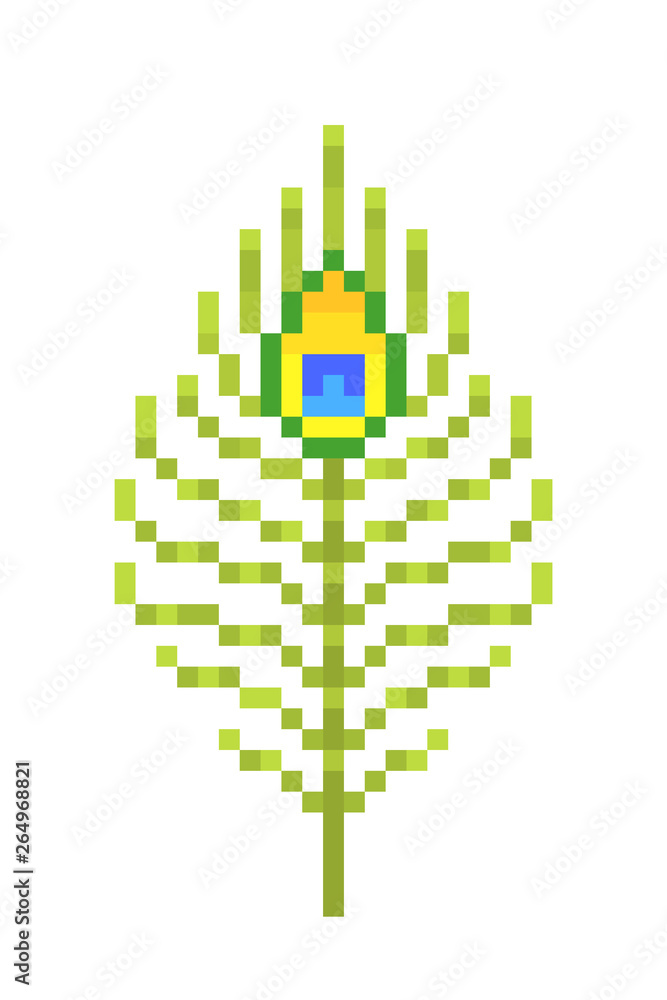 Peacock feather, 80s-90s style 8 bit pixel art icon isolated on white ...