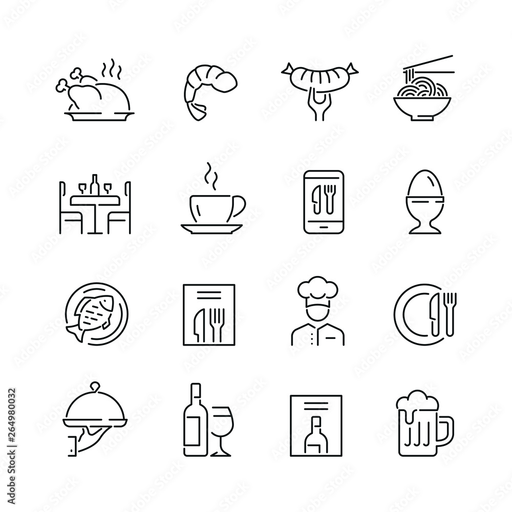 Restaurant related icons: thin vector icon set, black and white kit ...