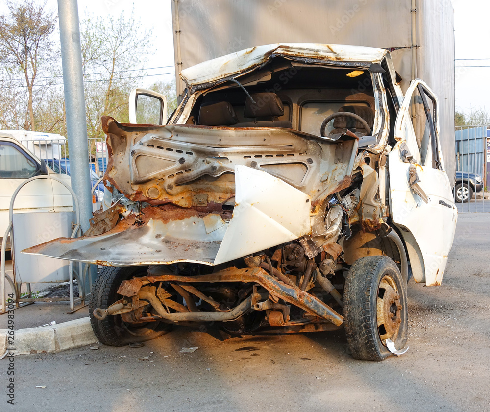 Cargo van broken in a road accident. Russia. Frontal collision Stock ...