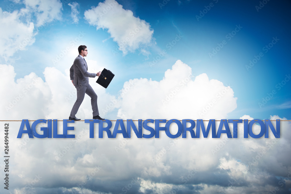 Agile transformation concept with businessman walking on tight r Stock ...